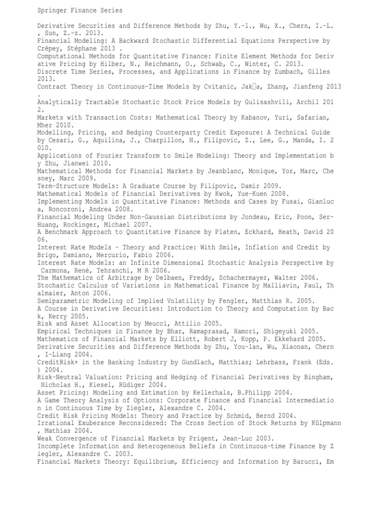 Springer Finance Series | PDF | Mathematical Finance | Derivative (Finance)