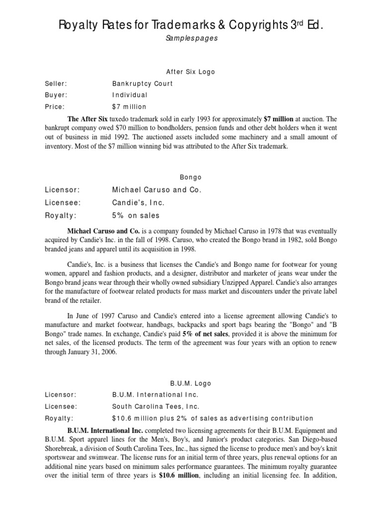 Royalty Rates For Trademarks and Copyrights Sample Pages | PDF ...