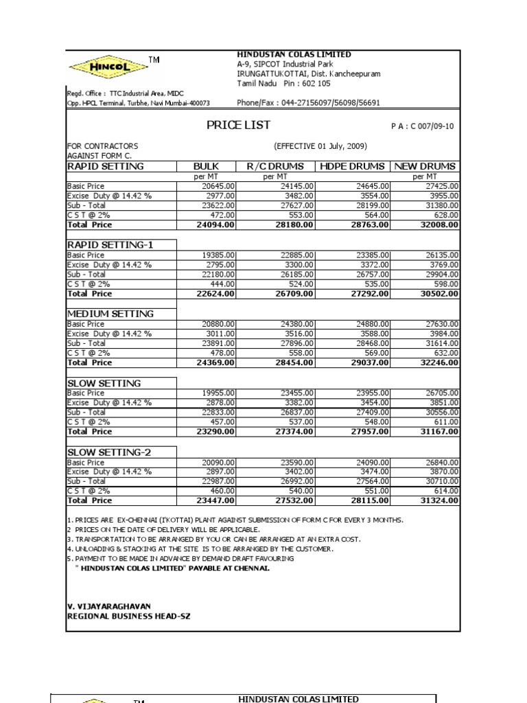 Emulsion Price List Hincol From 01-01-09 To 01-07-09 | PDF | Pricing ...