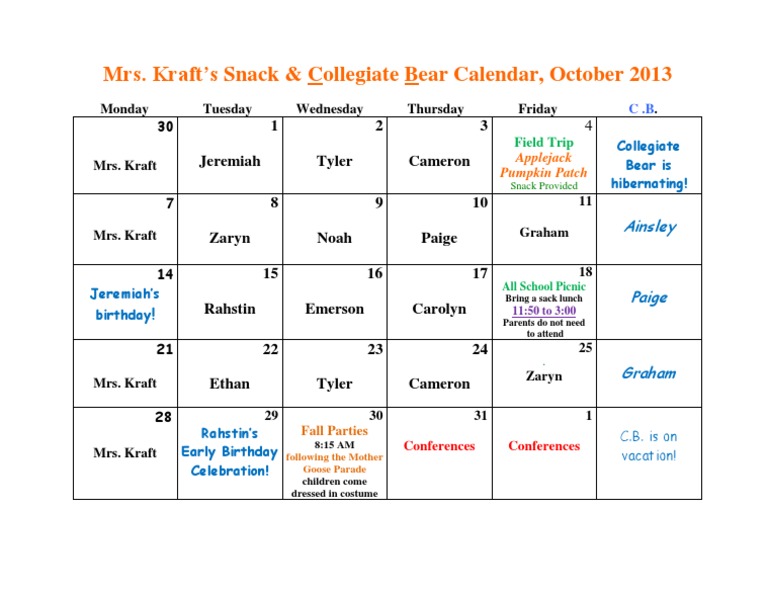 October Snack & C.B. Calendar 13-14 | PDF | Cooking, Food & Wine ...