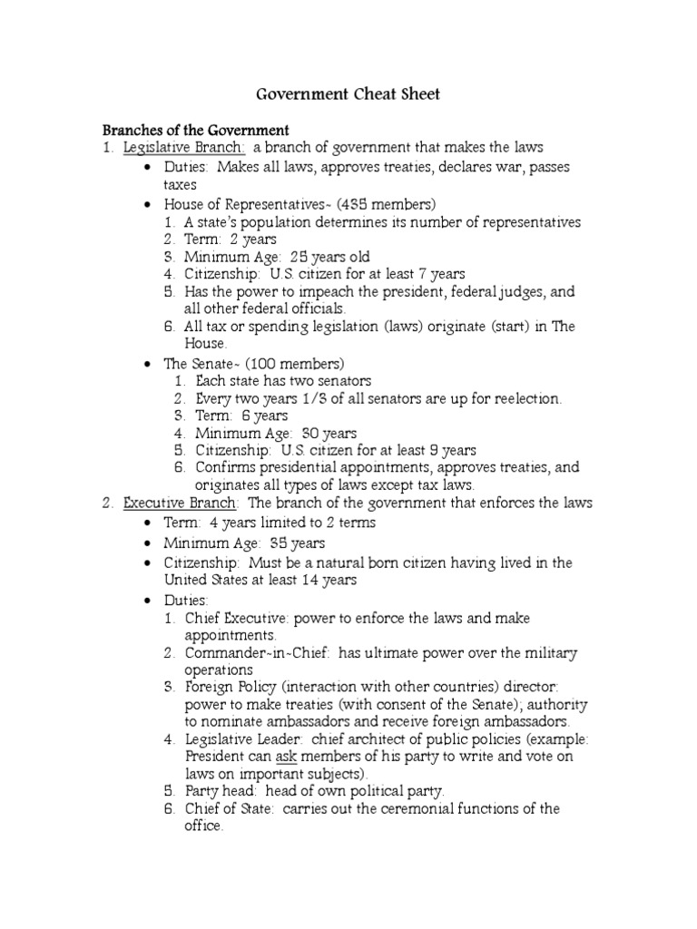 Government Cheat Sheet | Federal Government Of The United States ...