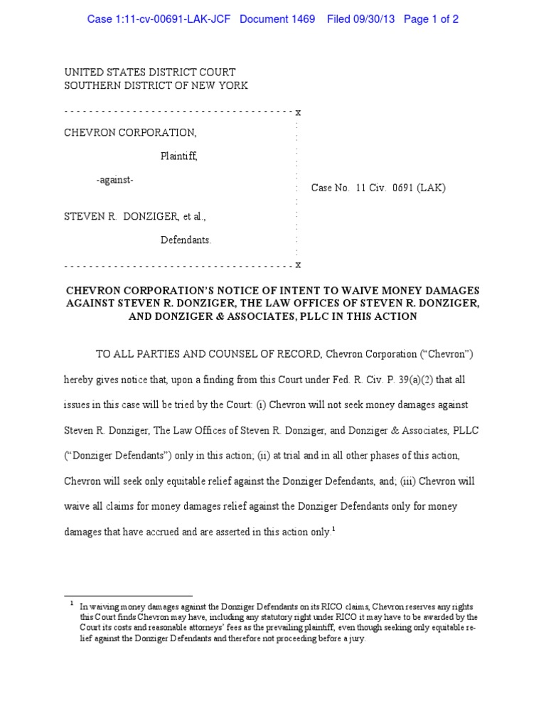 Chevron V Donziger - Chevron's Waiver of Damages | PDF | Government ...