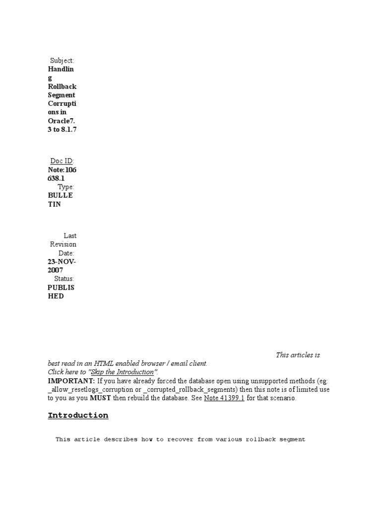 106638.1 Handling Rollback Segment Corruptions | PDF | Database Transaction | Oracle Database
