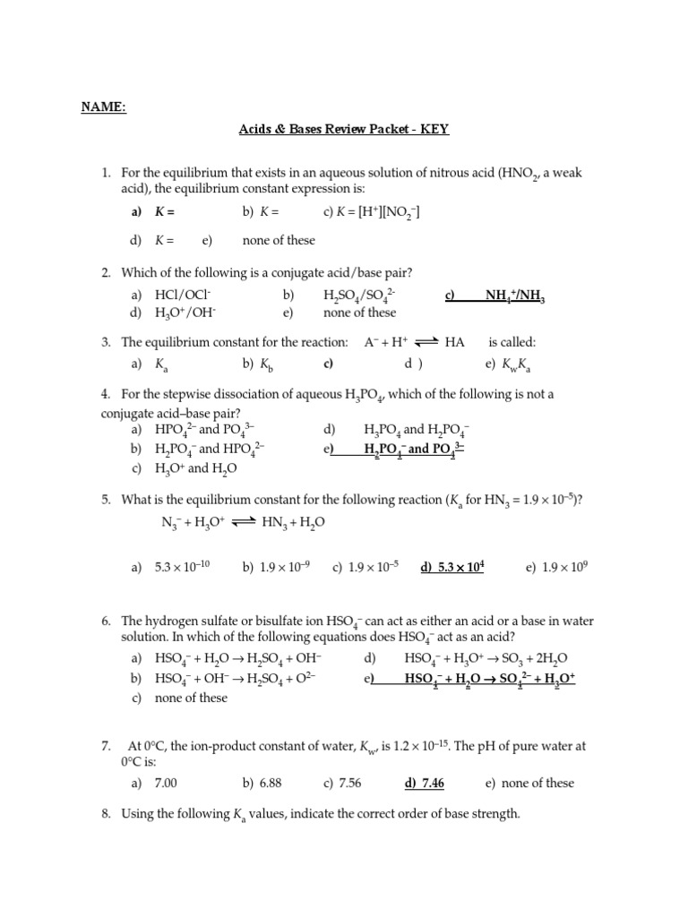 Acids and Bases Review Packet - KEY | PDF | Acid | Ph