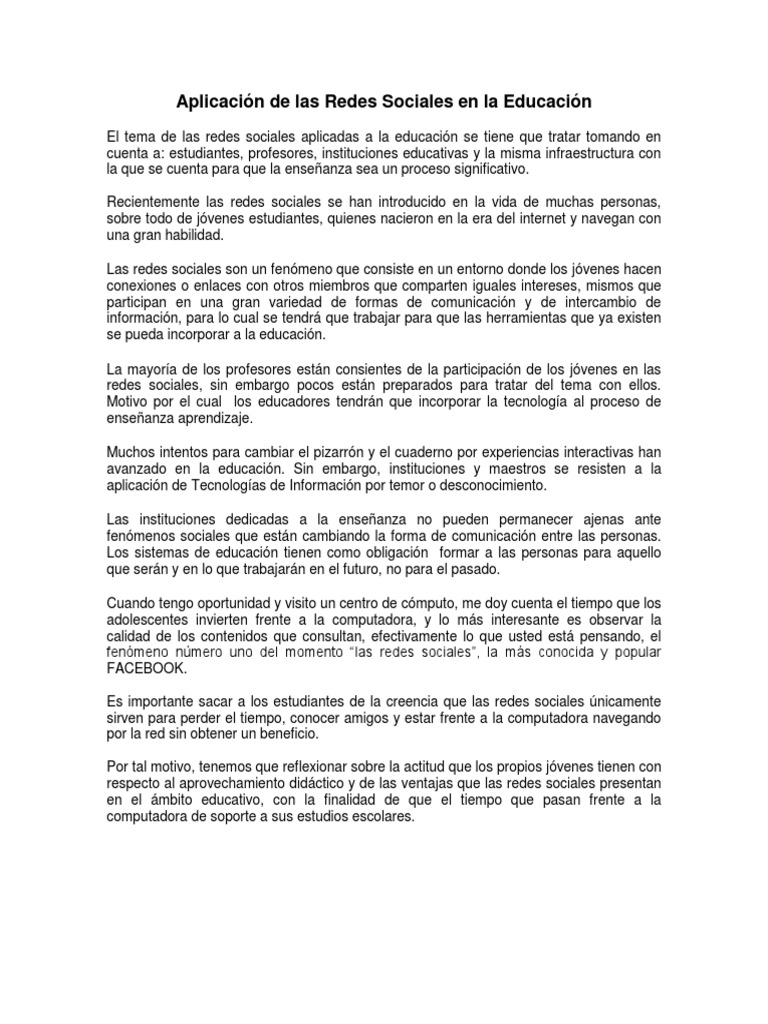 Ensayo Redes Sociales en La Educación | PDF | Servicio de redes ...