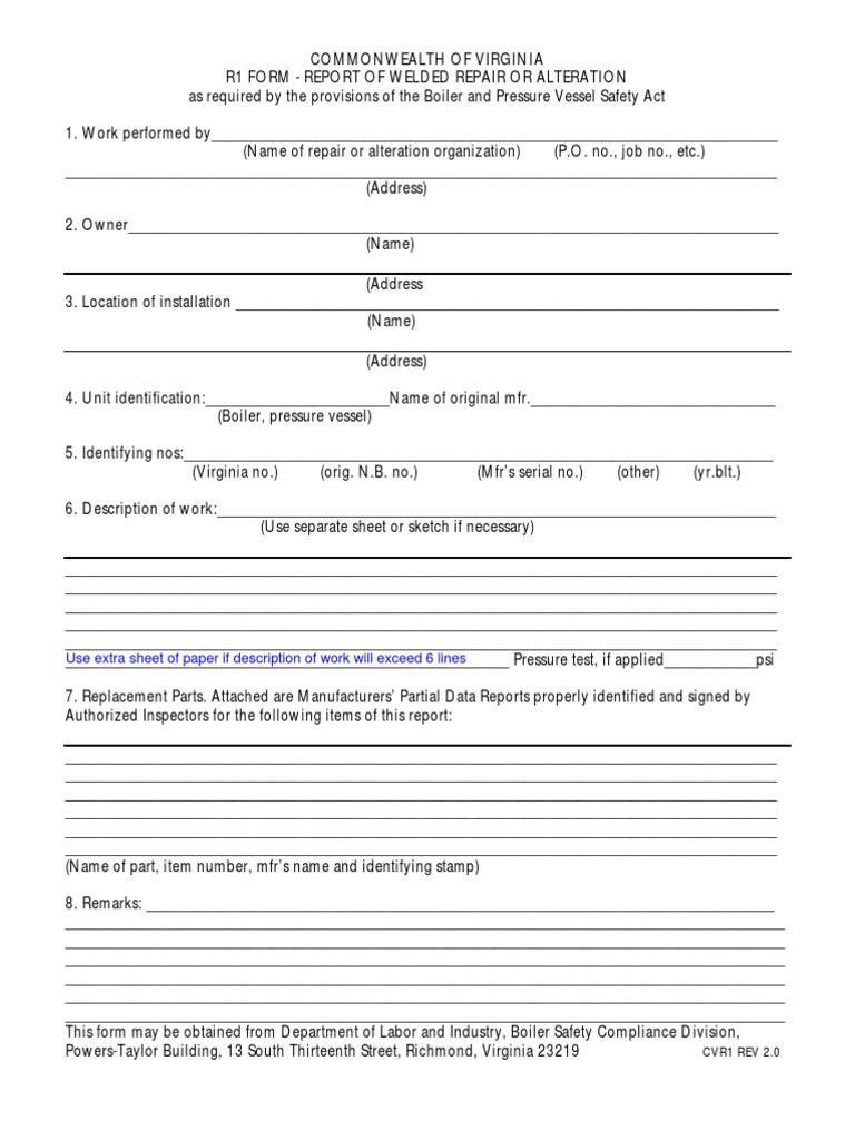 Virginia R1 Form for Welded Repairs | PDF | Insurance | Government