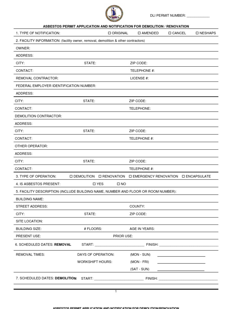 Department of Labor: Asbestos Permit Fillable | PDF | Demolition | Asbestos