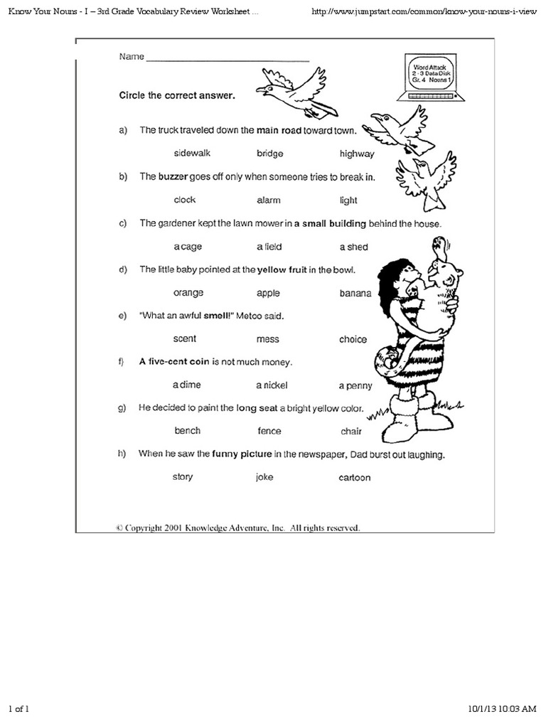 Know Your Nouns - I - 3rd Grade Vocabulary Review Worksheet - JumpStart ...