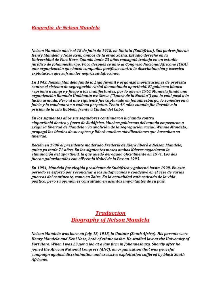 Biografía de Nelson Mandela | PDF | Nelson Mandela | Sudáfrica