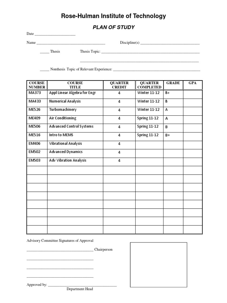 Rose-Hulman Study Plan Overview | PDF