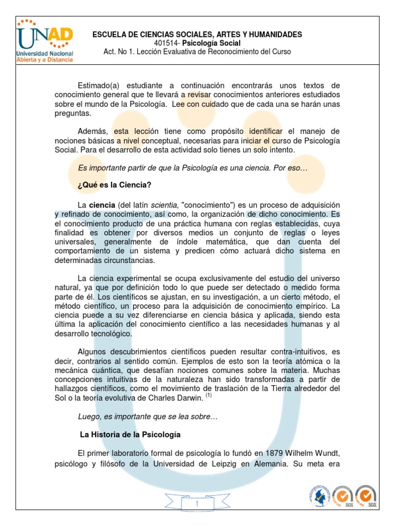 Act 1. Leccion Evaluativa de Presaberes - Doc 1 Psicologia Social | PDF | Sicología | Psicología ...