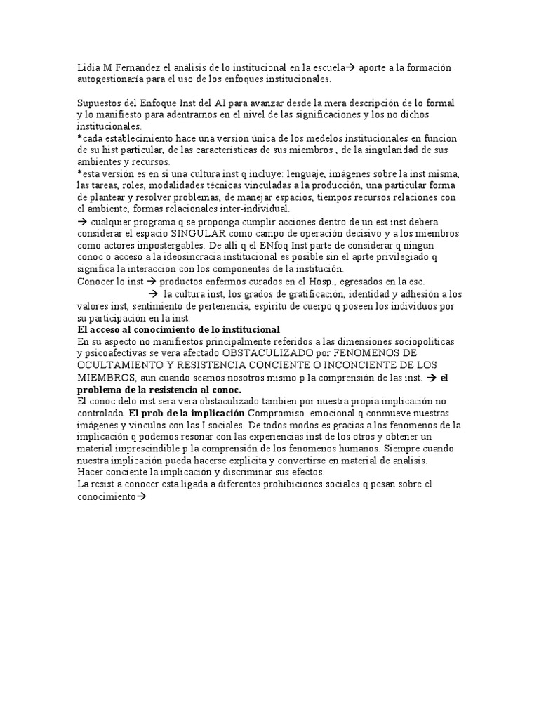Lidia M Fernandez El Análisis de Lo Institucional en La Escuela | PDF