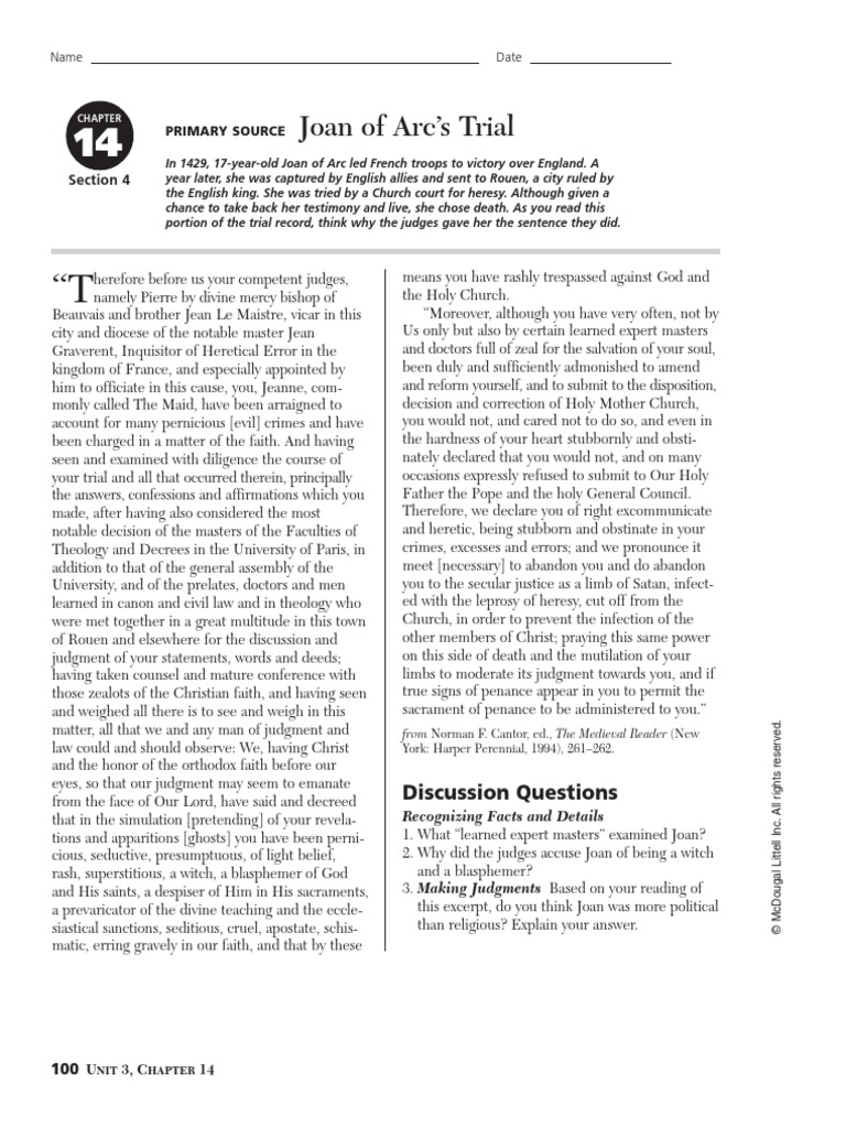 Chapter 14 Section 4 Primary Source Joan of Arcs | Joan Of Arc | Heresy ...
