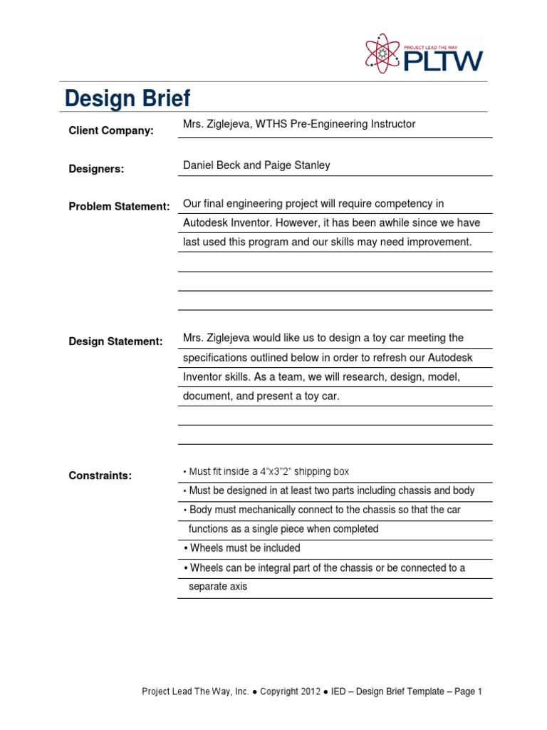 Toy Car Design Brief for Autodesk Inventor | PDF | Technology & Engineering