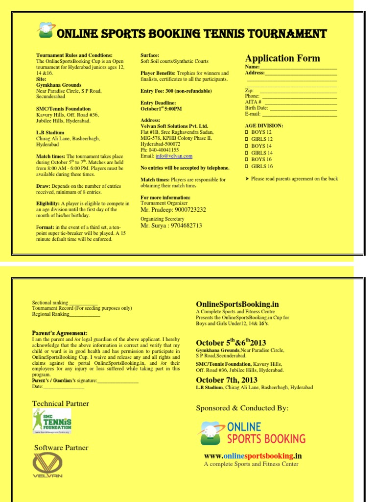 OnlineSportsBooking.in Junior Tennis Tournament Application Form | Business
