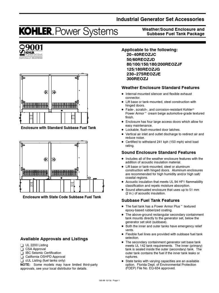 g6099 250kw Spec Sheet Kohler | Building Insulation | Corrosion