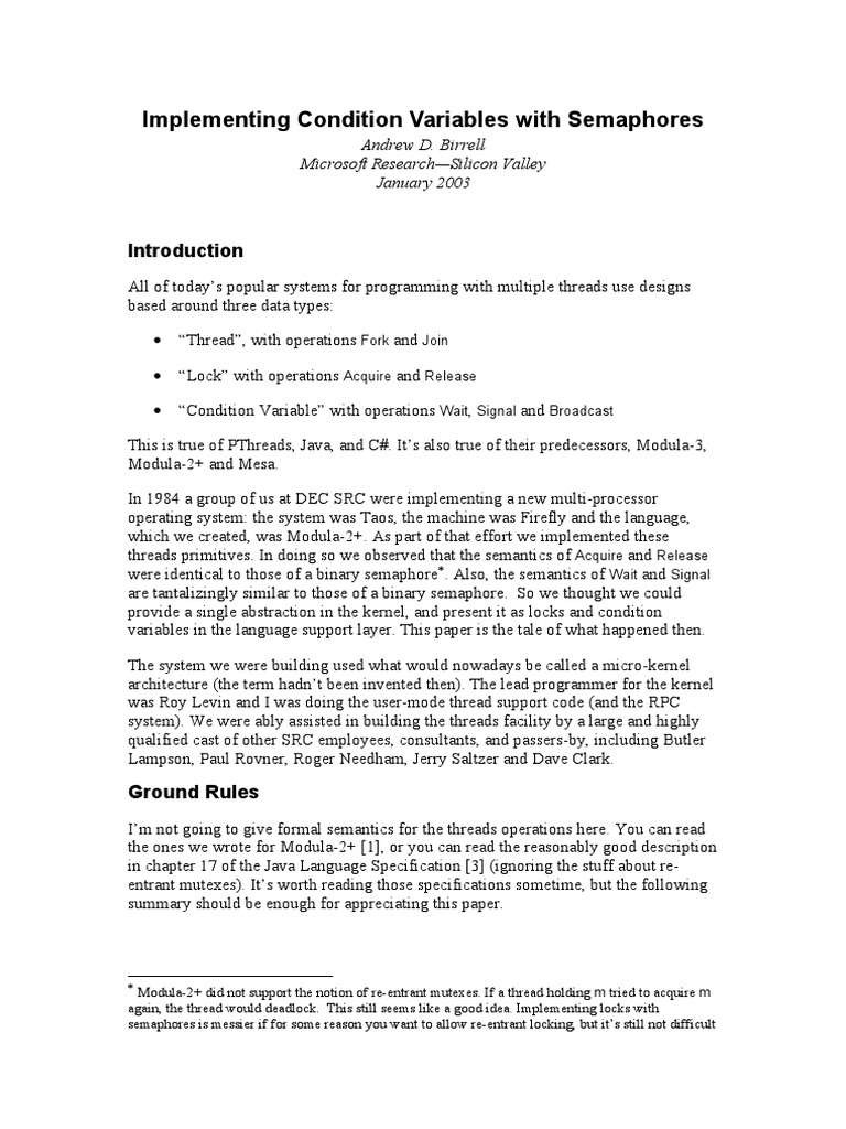 Implementing Condition Variables With Semaphores: Andrew D. Birrell ...