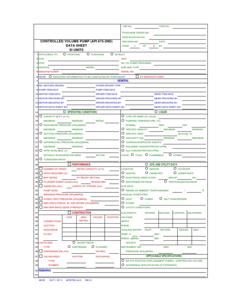 Api 675 Data Sheet Si Pump Valve