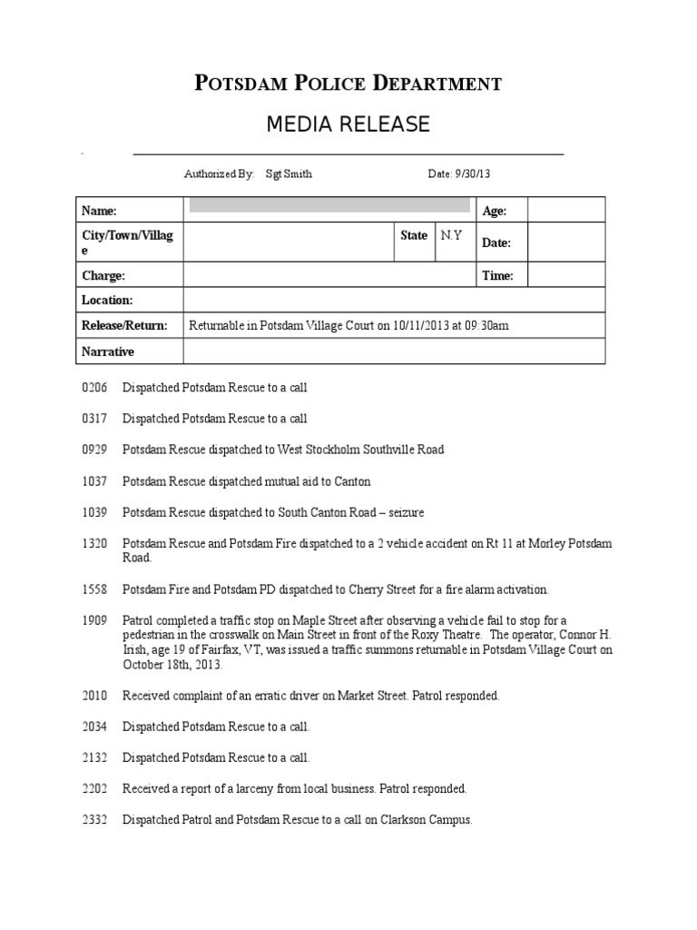 Potsdam Police Dept. Sept. 30, 2013 | PDF