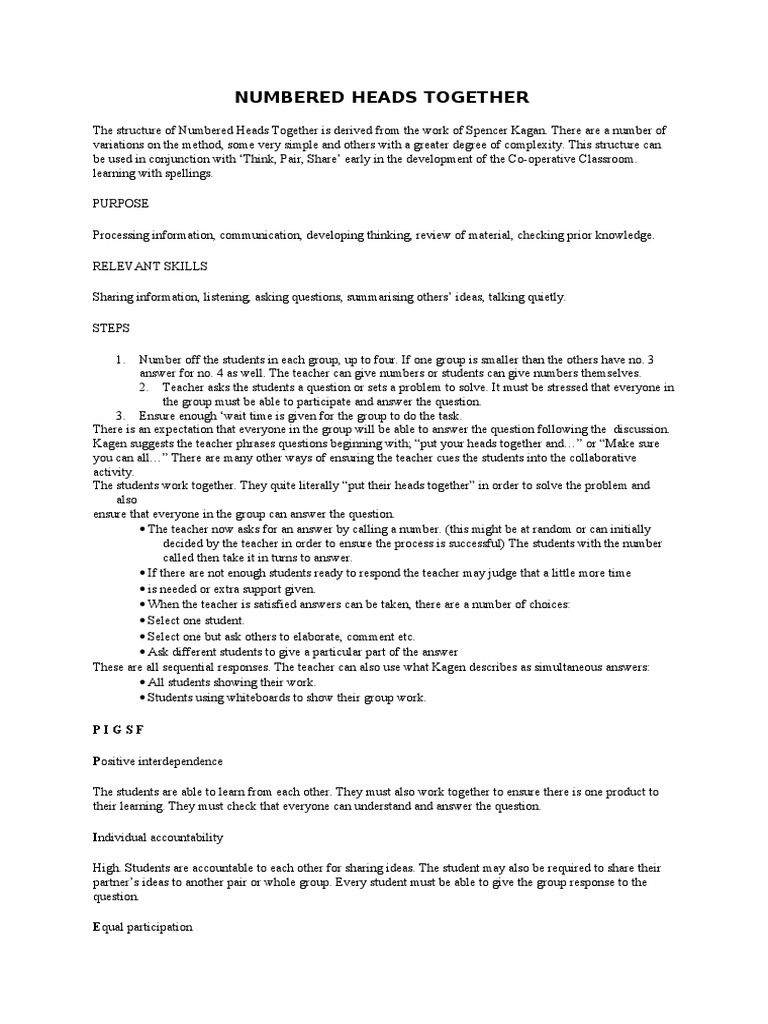 Numbered Heads Together Strategy Guide | PDF | Strategic Management ...