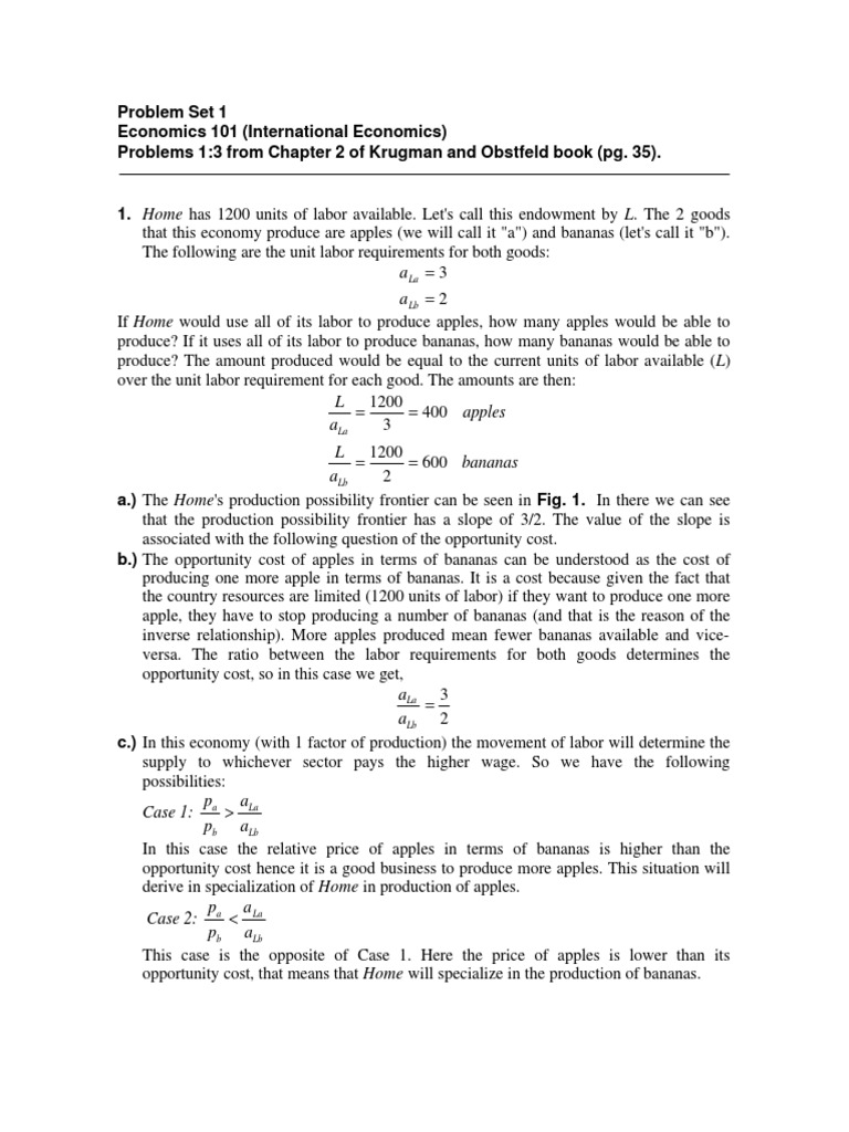 Problem Set 1 Economics 101 (International Economics) Problems 1:3 From Chapter 2 of Krugman and ...