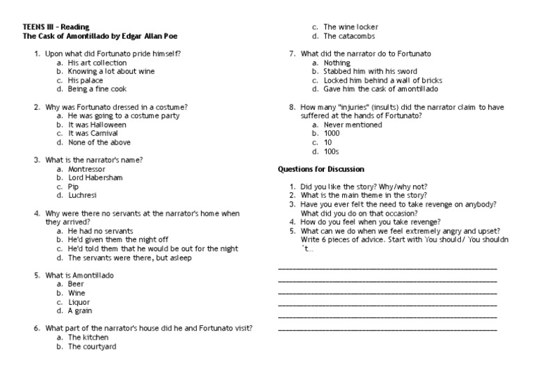 Cask of Amontillado Discussion Guide | PDF | Art | General Fiction