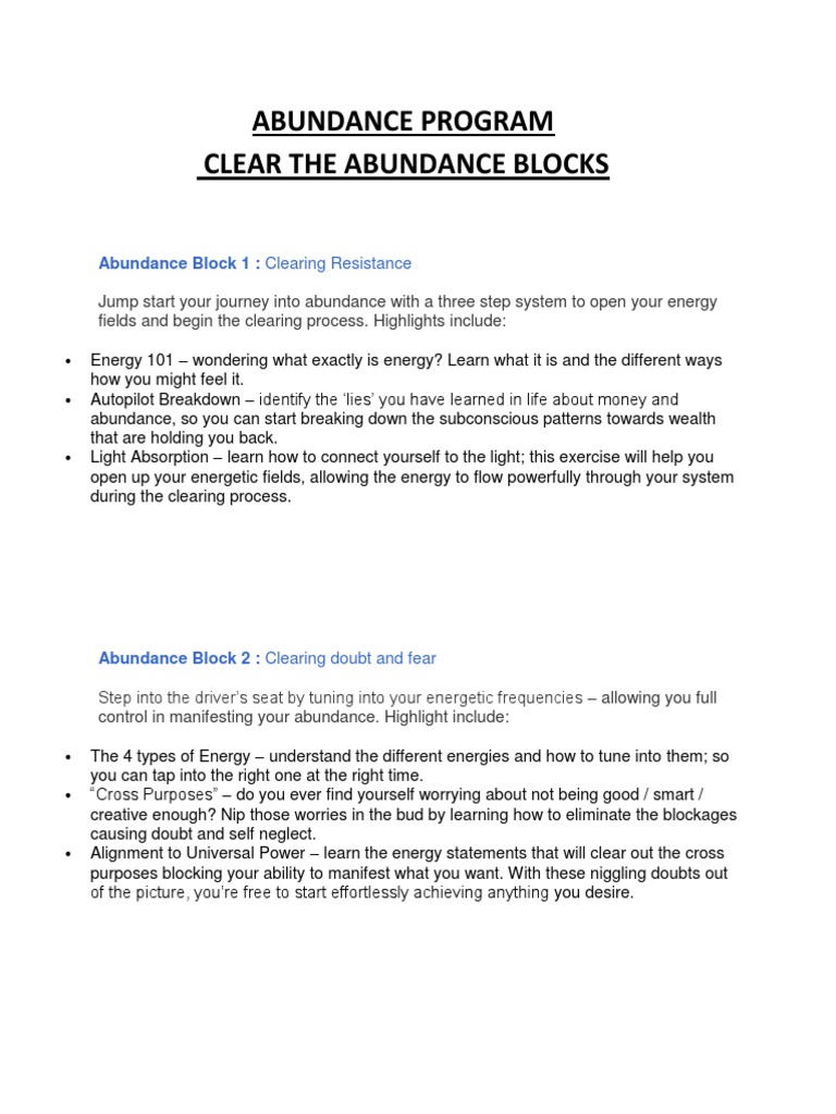 Abundance Program Clear The Abundance Blocks: Abundance Block 1: Clearing Resistance | PDF ...