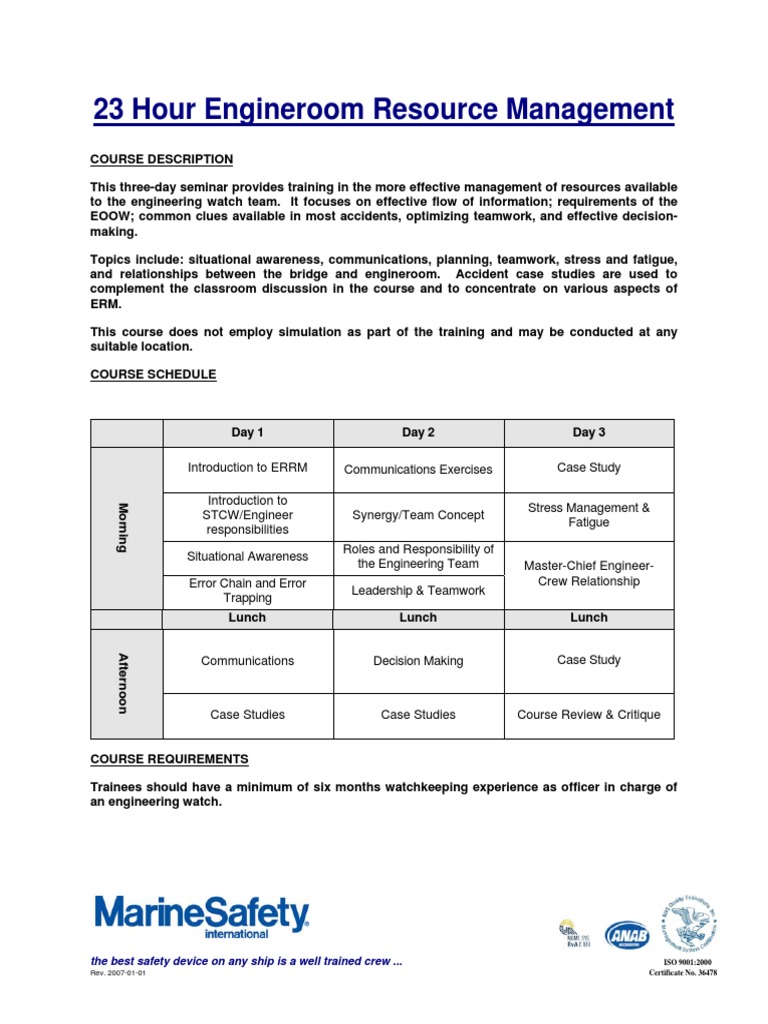 Engine Room Resource Management Course | PDF
