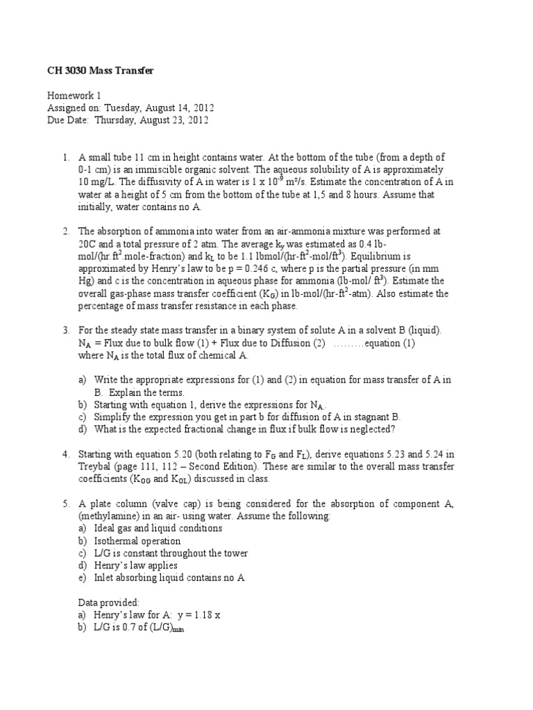 Mass Transfer Assignment | PDF | Mass Transfer | Flux