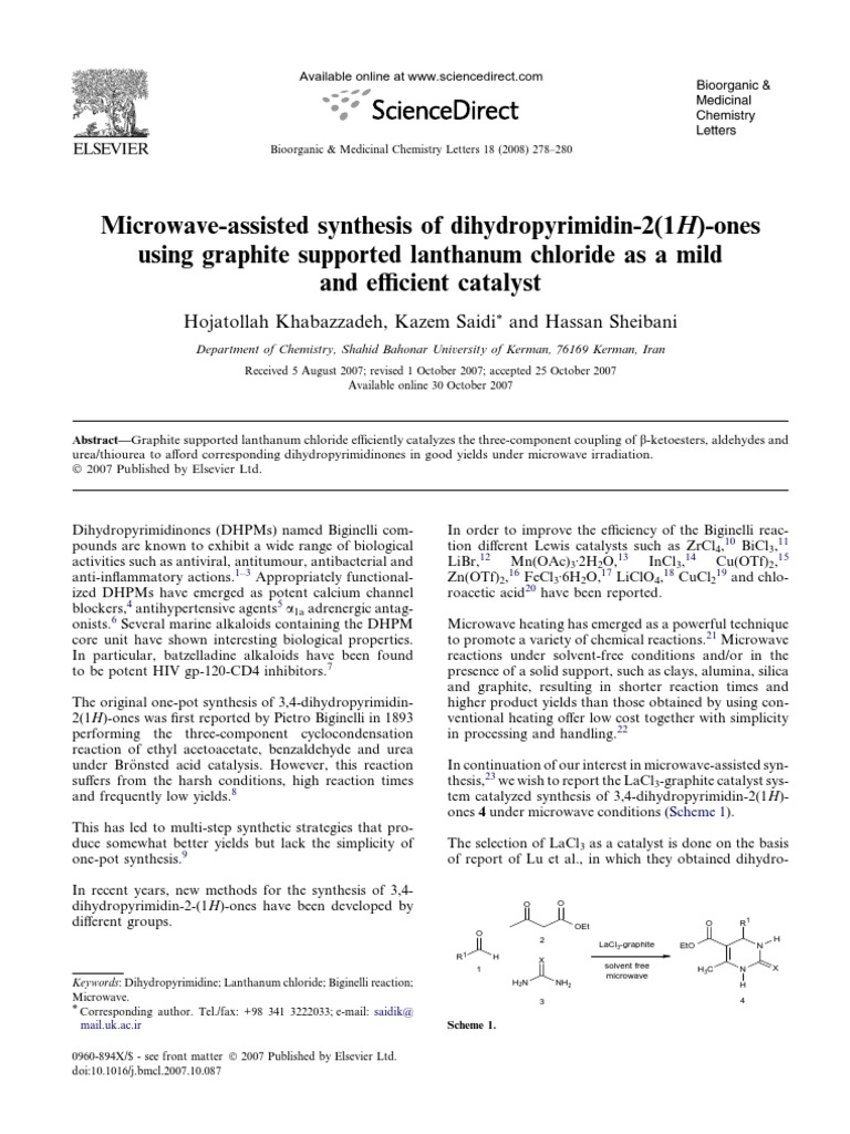 Microwave-Assisted Synthesis of Dihydropyrimidin-2 (1H) - Ones Using Graphite Supported ...