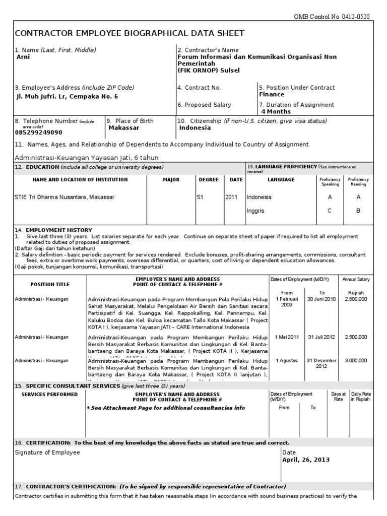 USAID Biodata Form - Arni | PDF | United States Agency For ...