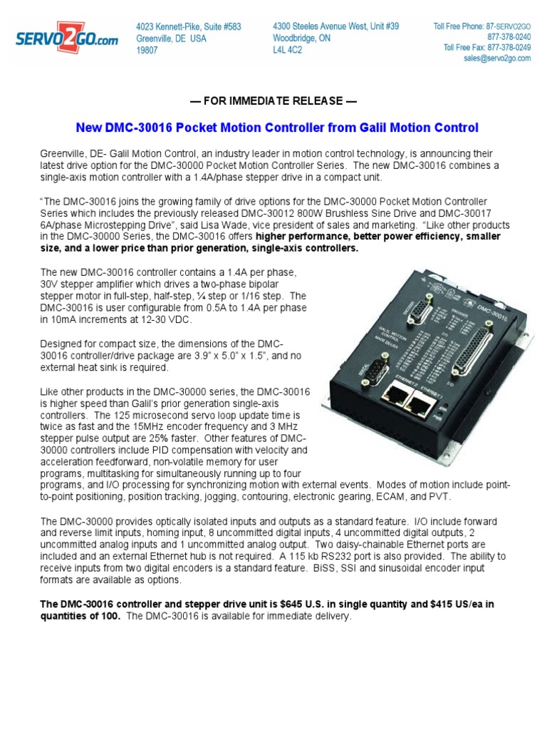 Servo2Go Galil DMC-30016 New Product Press Release | PDF ...
