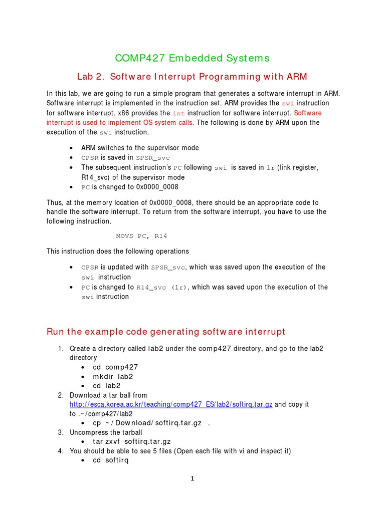 COMP427 Embedded Systems: Lab 2. Software Interrupt Programming With ARM | PDF | Arm ...