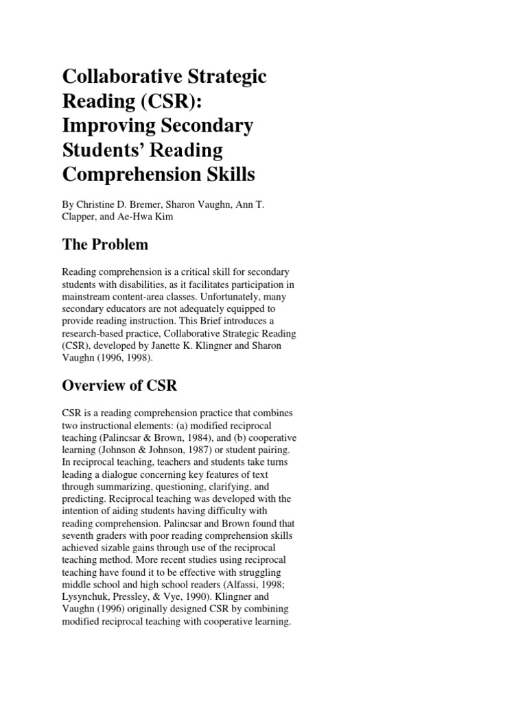 Collaborative Strategic Reading | PDF | Reading Comprehension | Reading ...