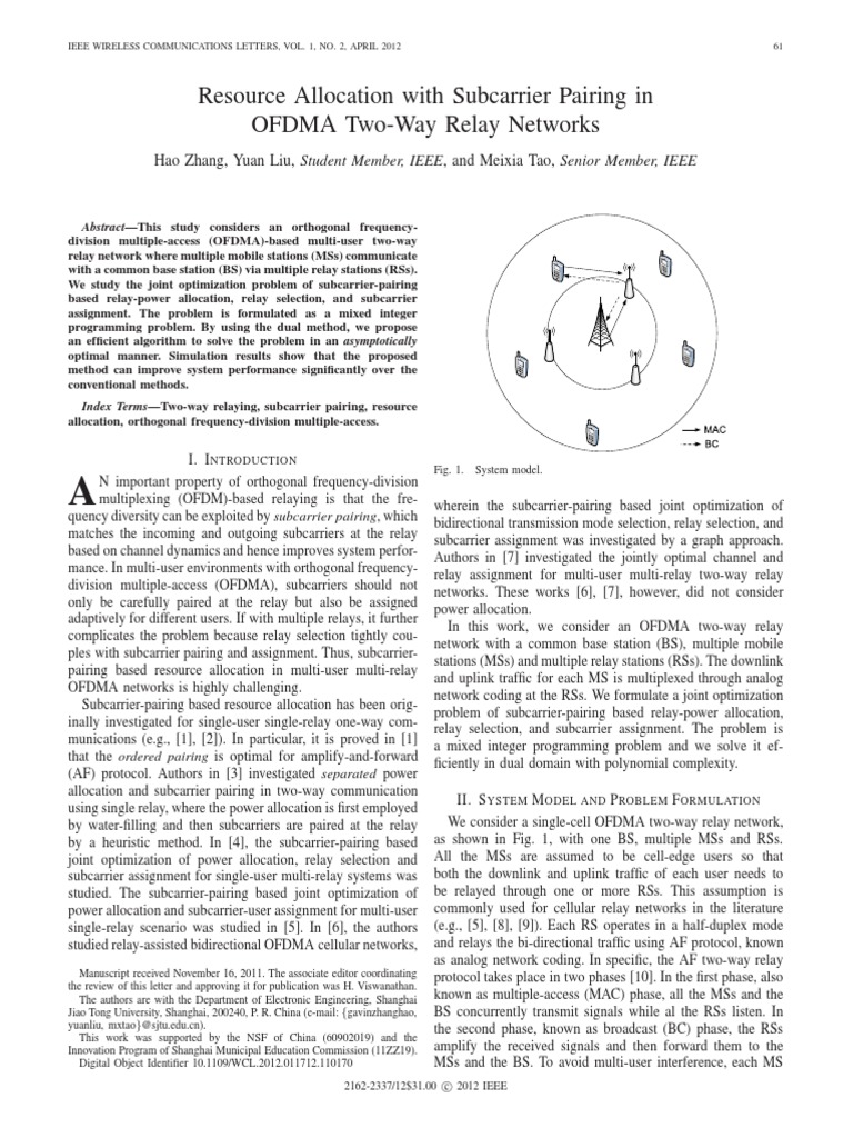 Resource Allocation With Subcarrier Pairing in OFDMA Two-Way Relay Networks | PDF | Duplex ...