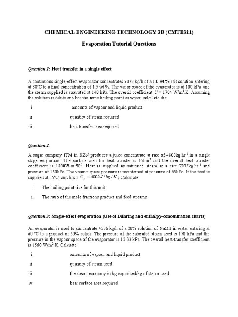 Chemical Engineering Technology 3B (Cmtb321) Evaporation Tutorial ...