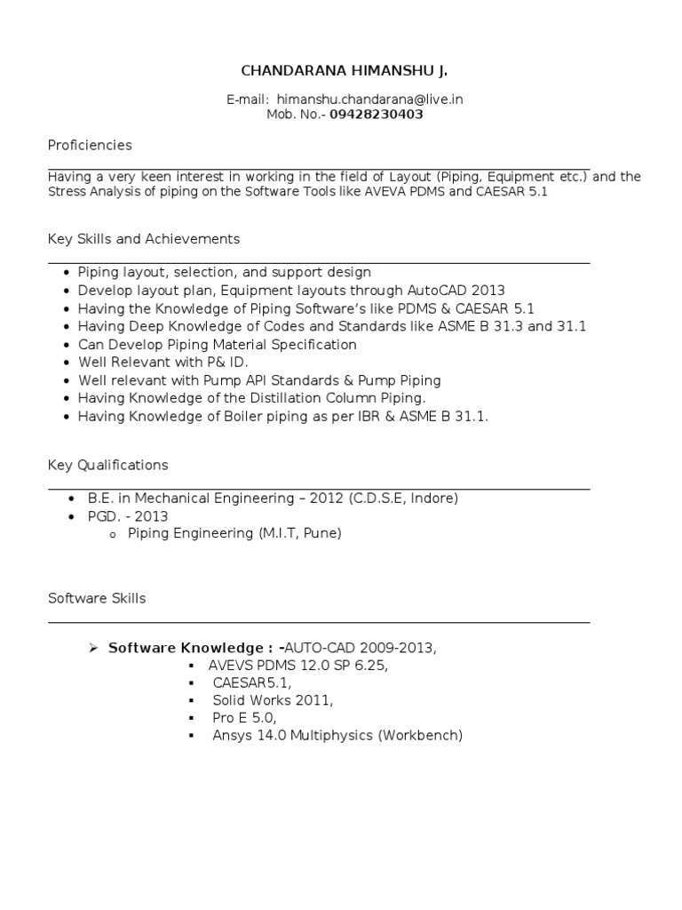 Piping Design Engineer Resume | PDF | Auto Cad | Software