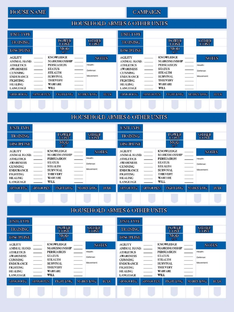 A Song of Ice and Fire Roleplaying Unit Sheet | PDF