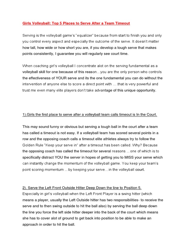 Top 5 Places To Serve After A Team Timeout For Volleyball | PDF ...