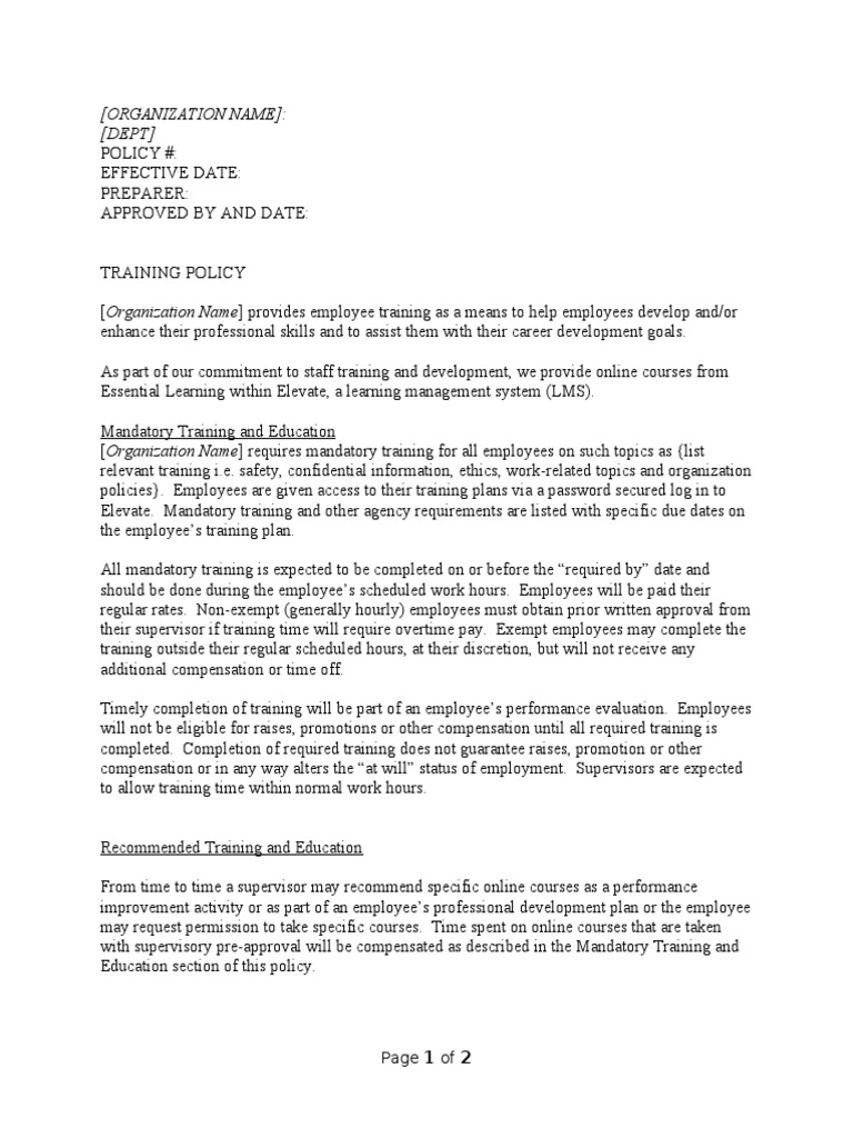 Sample Training Policy | Employment | Educational Technology