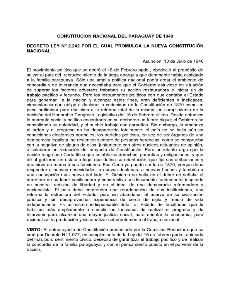 Constitución Nacional 1940 - Paraguay | PDF | Estado (política) | República