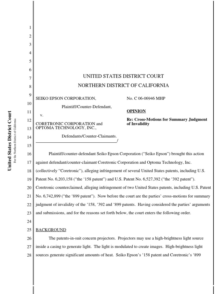 2009-05-15 Seiko v. Coretronic Order Granting Invalidity (Patel) | PDF ...