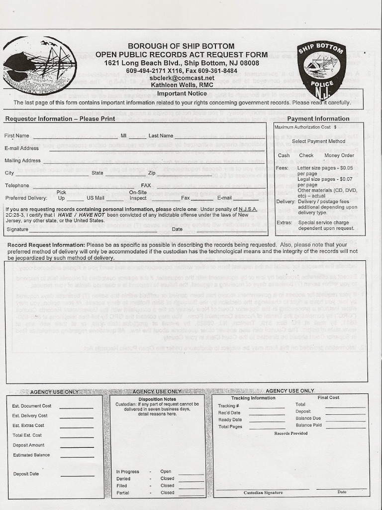 Ship Bottom OPRA Request Form | PDF | Mail | Fee