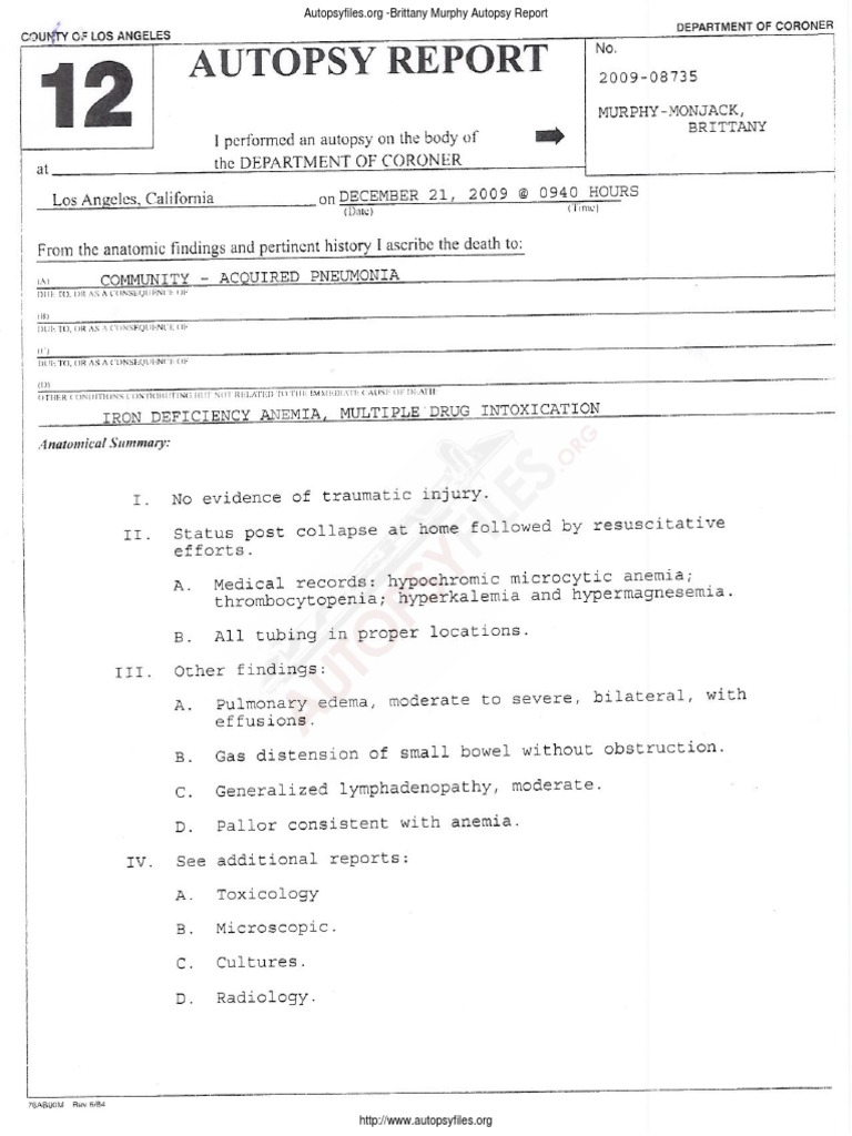 Brittany Murphy Autopsy Report Summary | PDF