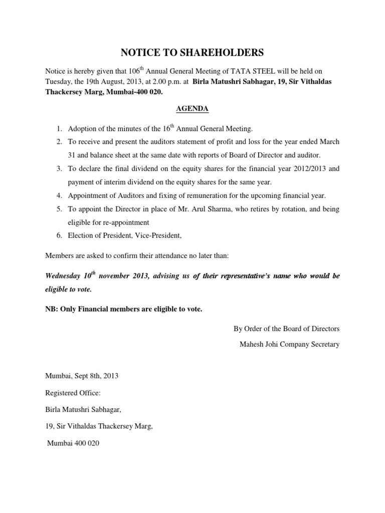 Notice To Shareholders: Thackersey Marg, Mumbai-400 020. Agenda | PDF ...