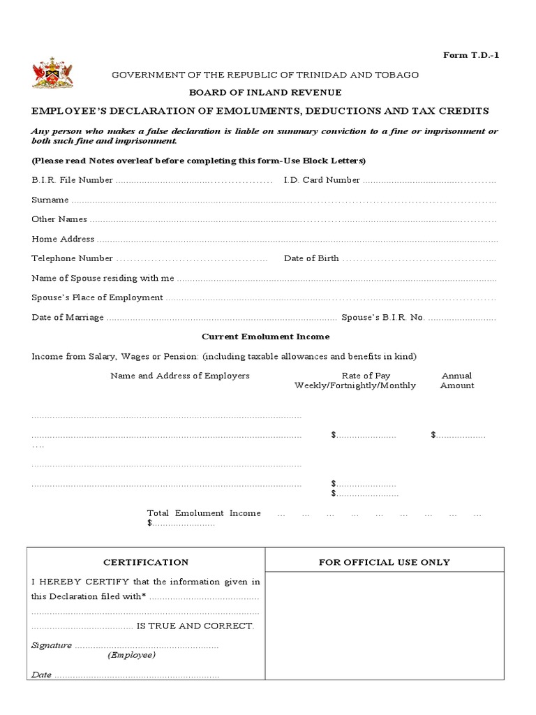 TD1 Forms-2006 Amended Income Tax Form Trinidad and Tobago | Pension ...