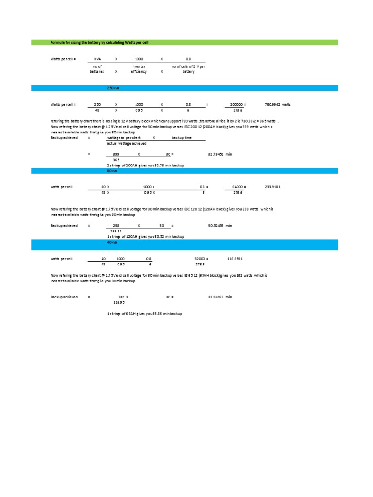 Formula For Sizing The Battery by Calculating Watts Per Cell | PDF ...