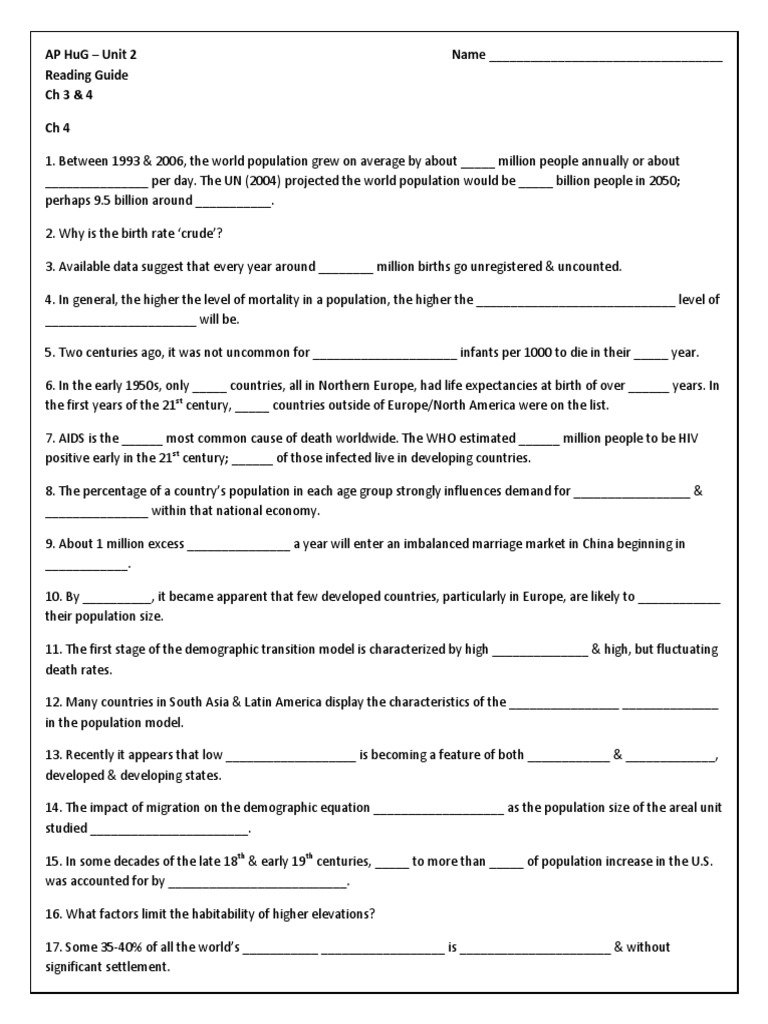 Ap Hug Unit 2 Reading Guide1 | PDF | Population | World Population