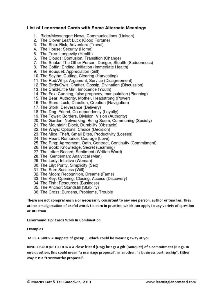 Lenormand Card List With Alternate Meanings | PDF | Young Adult