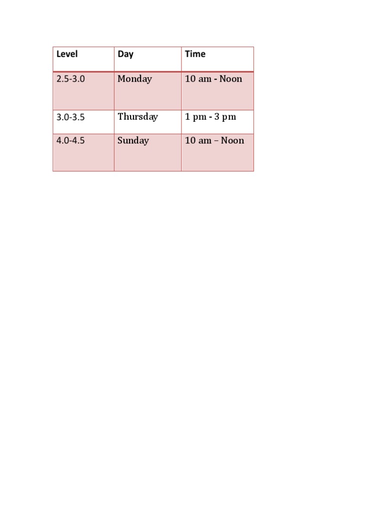 Weekly Schedule for Levels 2.5-4.5 | PDF